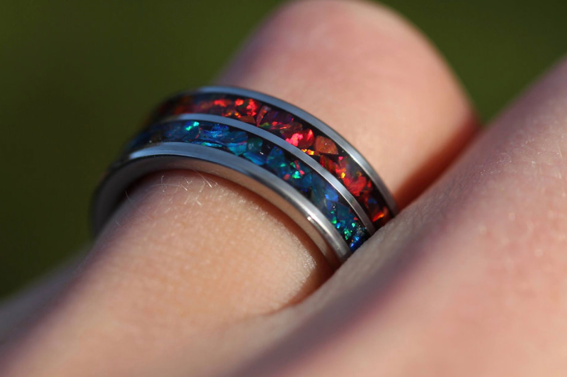 Fire and Ice Opal Ring Tungsten Carbide Double Inlay Red and Blue - Etsy