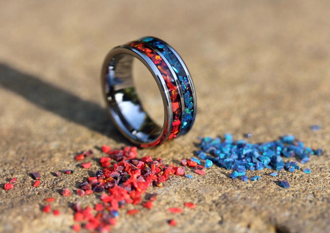 Fire and Ice Opal Ring Tungsten Carbide Double Inlay Red and Blue - Etsy