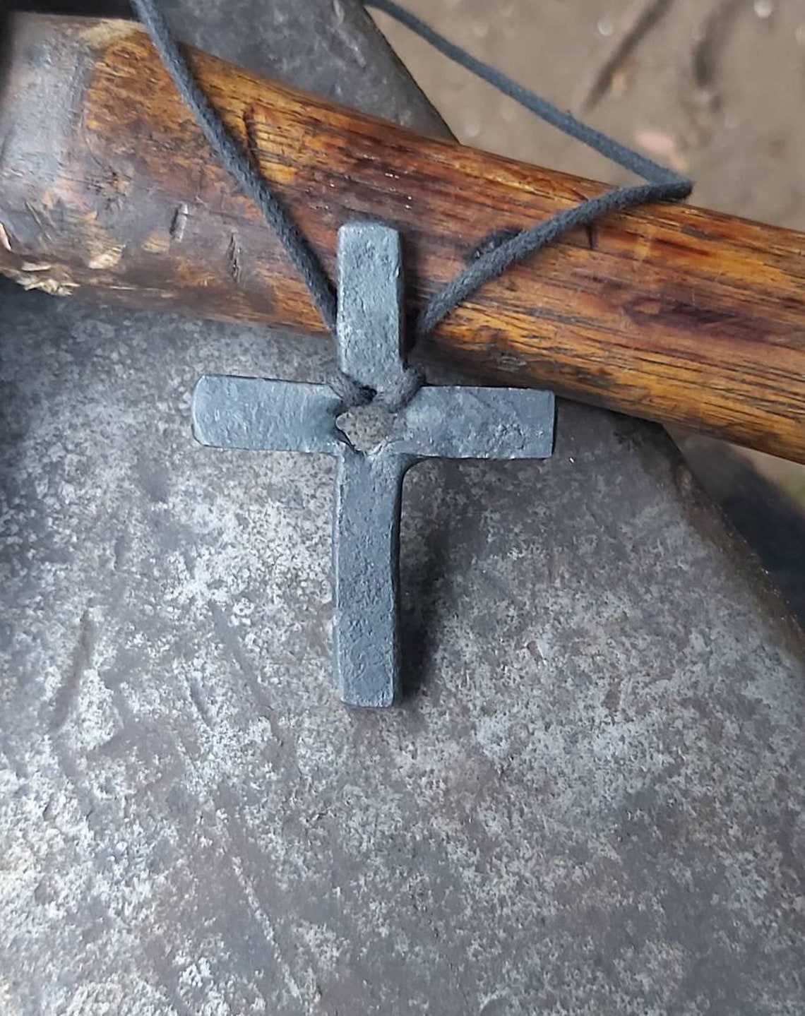 Hand Forged Cross Necklace With Black Cord Large - Etsy
