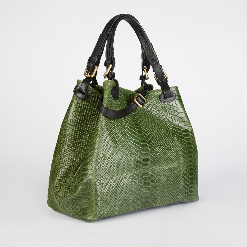 Green Snake Print Leather Tote Bag / Green Leather Bag / Green - Etsy