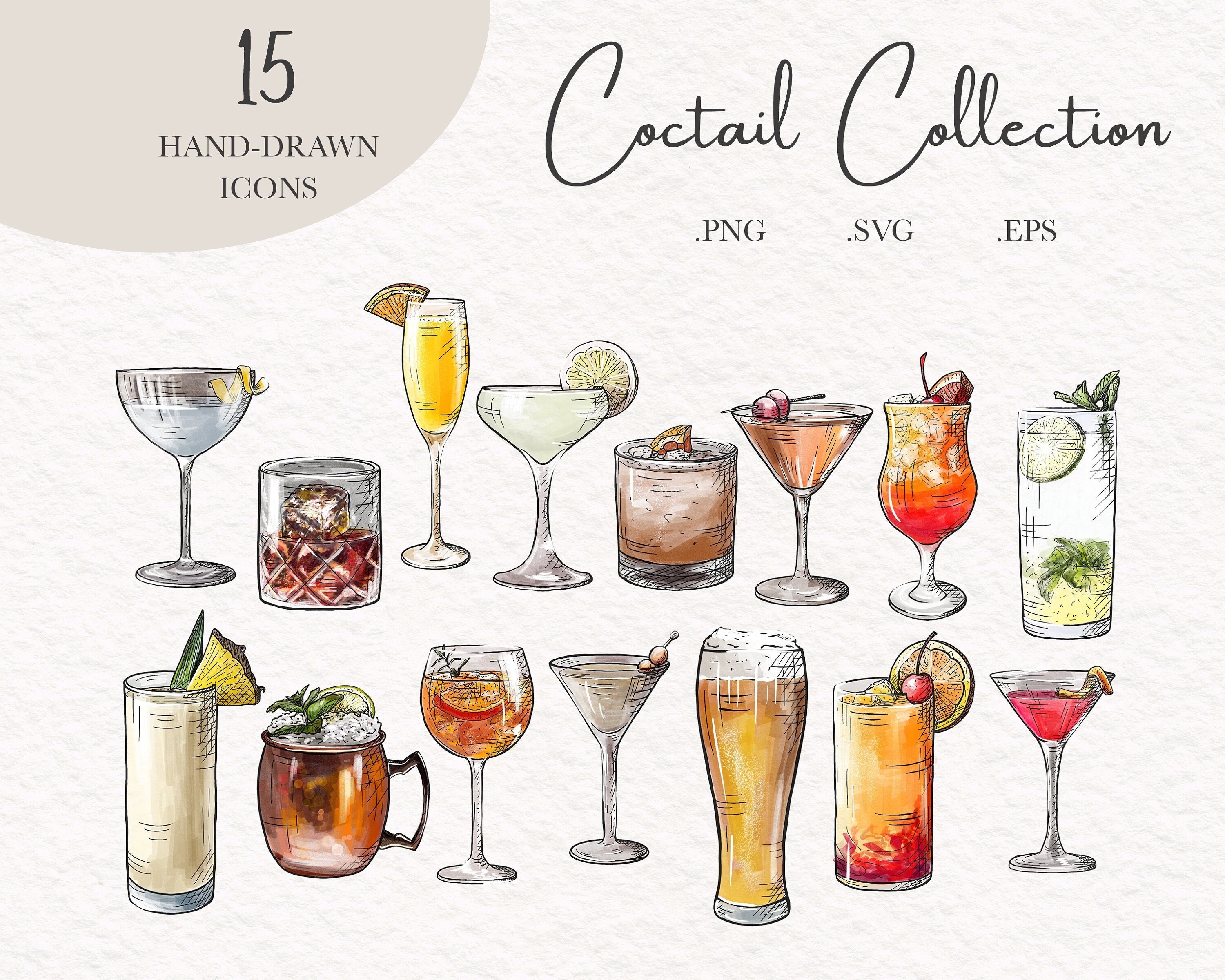 Cocktail Illustration Hand Drawn Cocktail Clip Art Signature Drink Sign ...