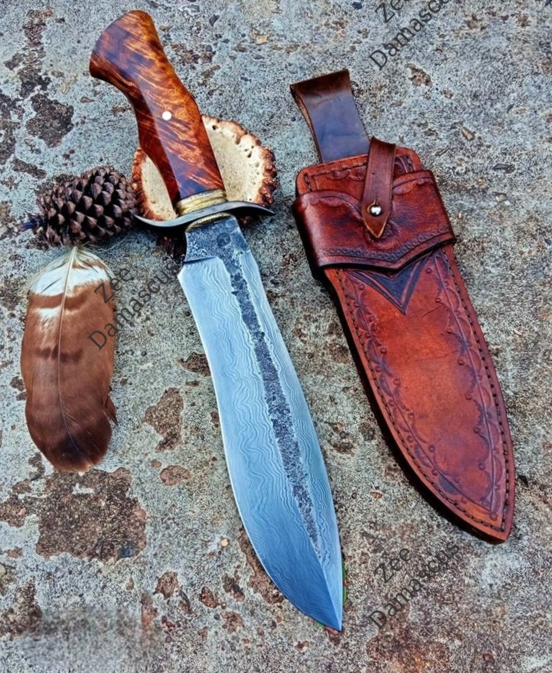 Handmade Damascus Steel Hunting Bowie Knife Vintage Big Bowie Birthday ...