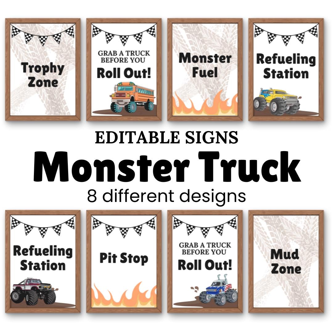 Monster Truck Birthday Party Signs, Editable Templates, 8 Designs ...