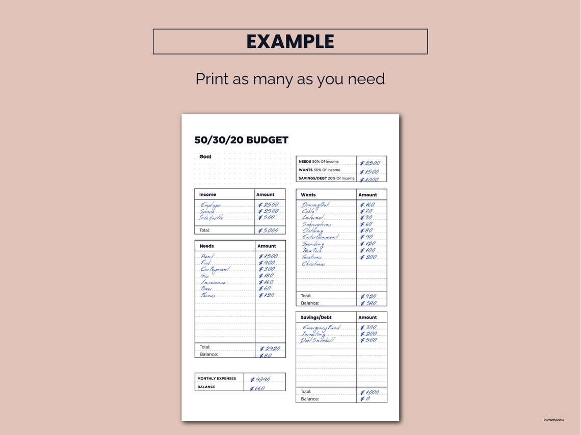 50/30/20 Budget Template Printable, Monthly Budget Planner 50/30/20 ...