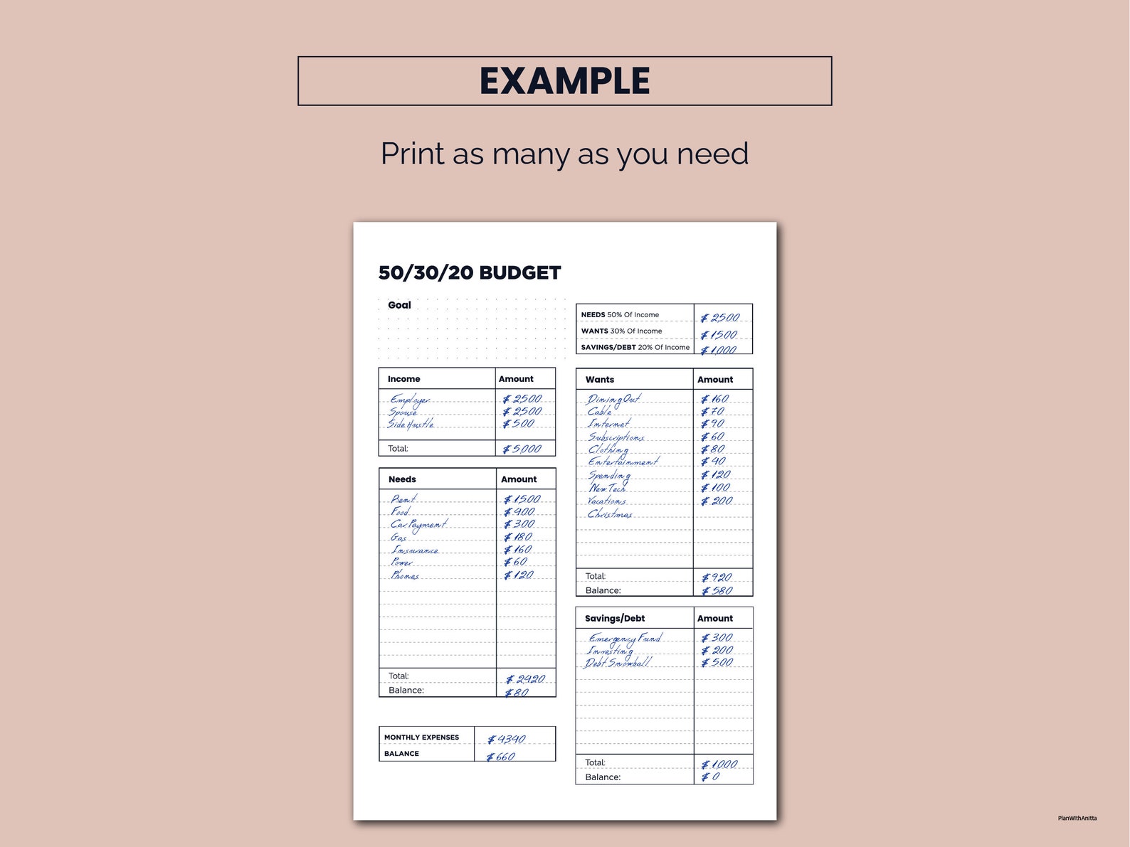 50/30/20 Budget Template Printable, Monthly Budget Planner 50/30/20 ...