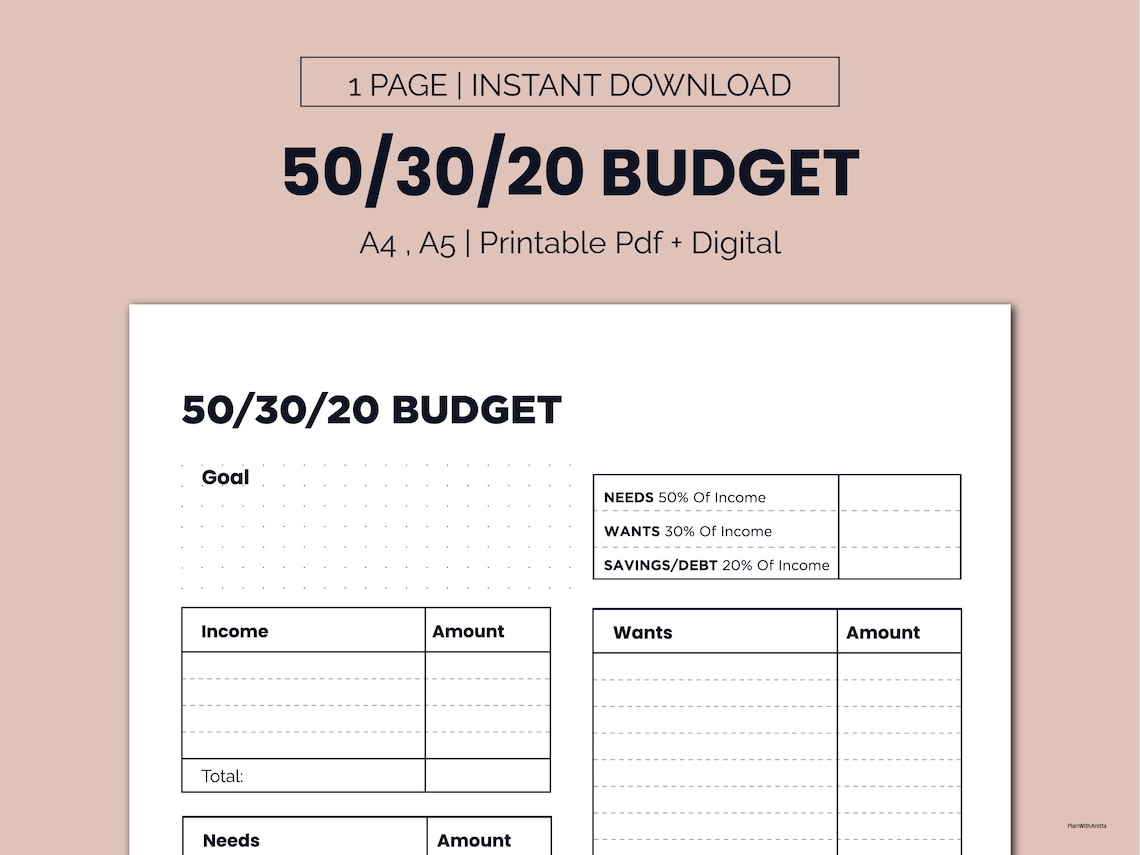 50/30/20 Budget Template Printable, Monthly Budget Planner 50/30/20 ...