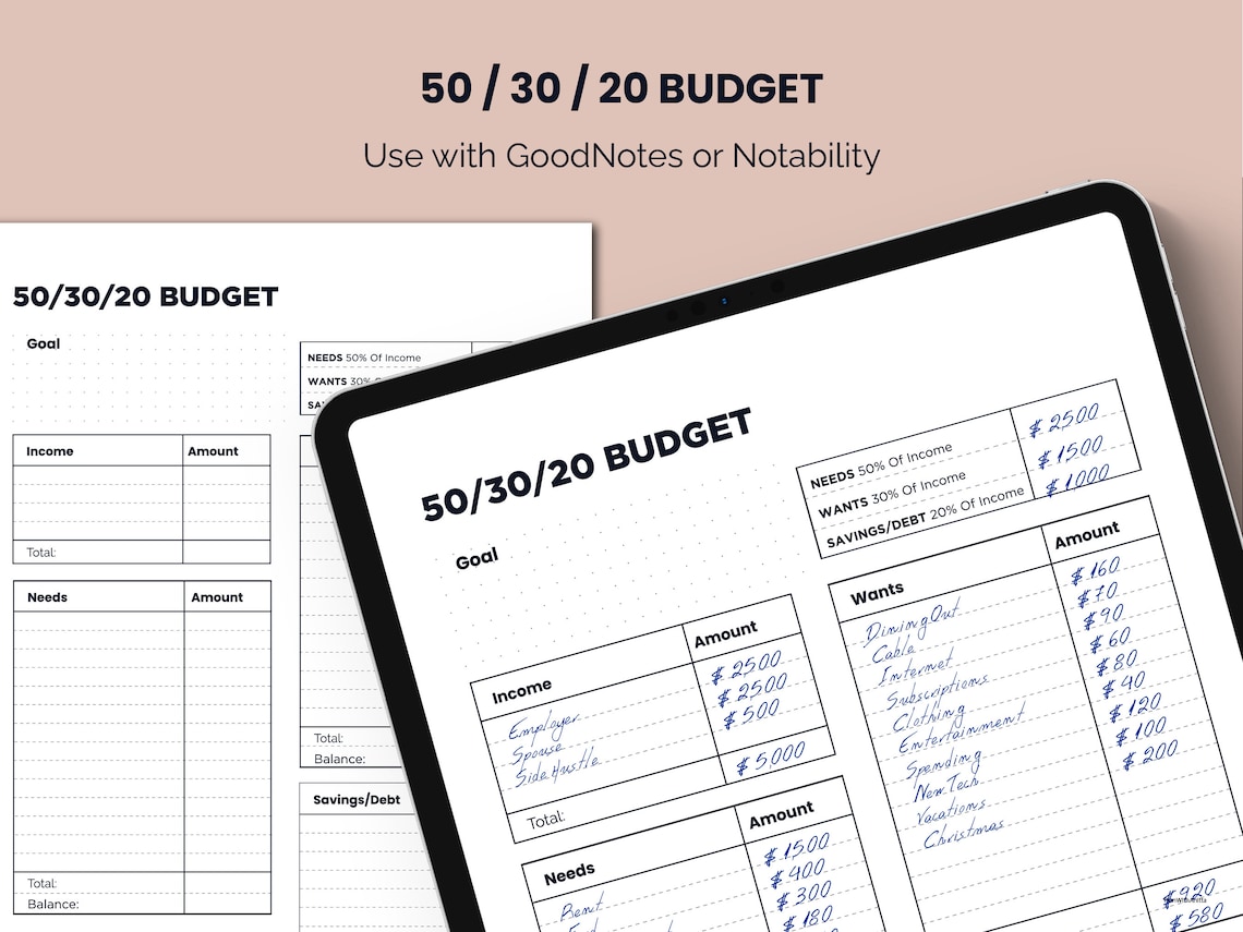 50/30/20 Budget Template Printable, Monthly Budget Planner 50/30/20 ...
