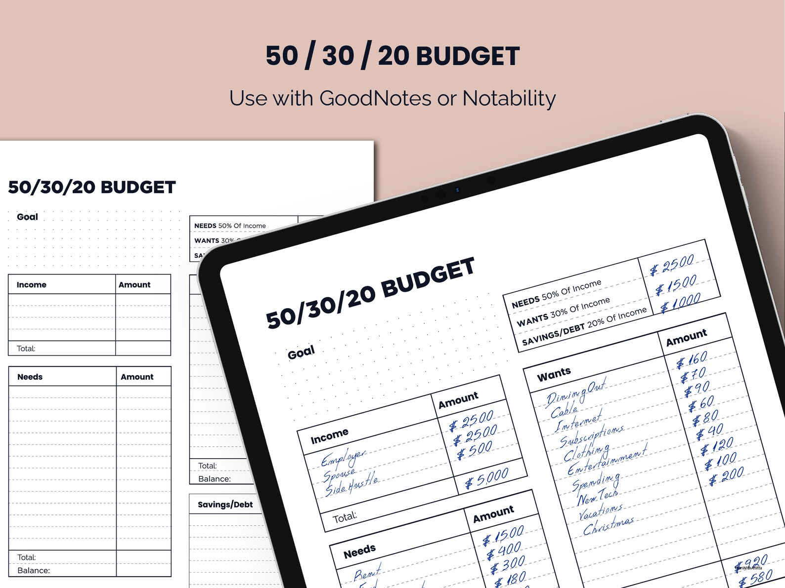 50/30/20 Budget Template Printable, Monthly Budget Planner 50/30/20 ...