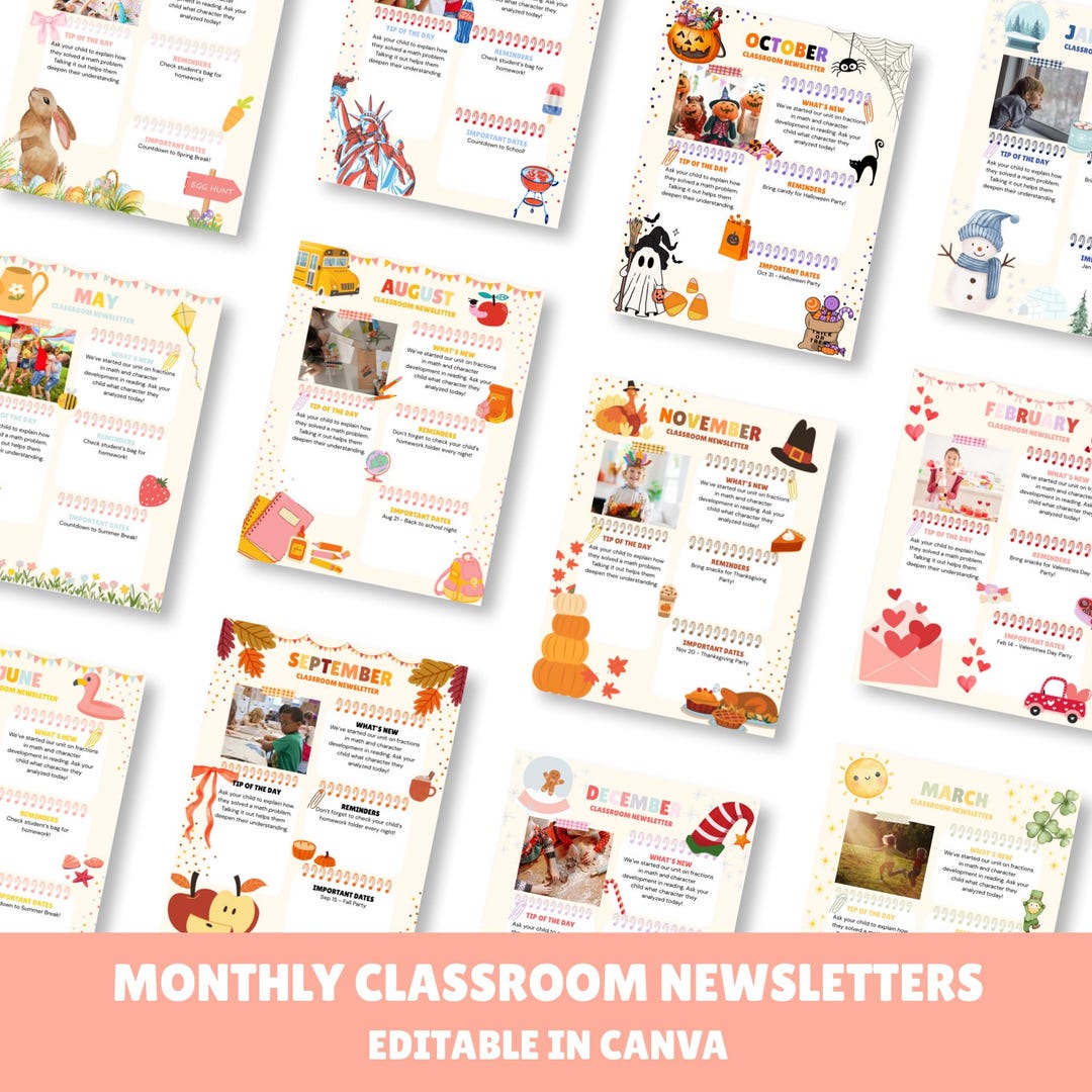 Editable Monthly Classroom Newsletter Templates: Seasonal Designs ...
