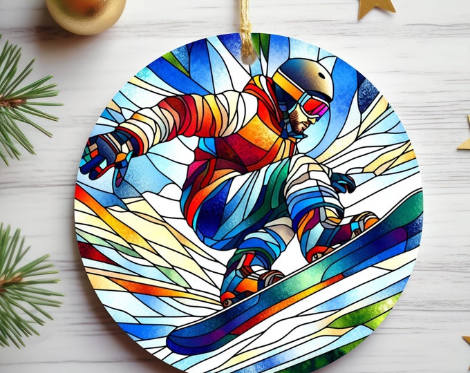 Pink Snowboarding Girl Ceramic Ornament, Faux Stained Glass ...