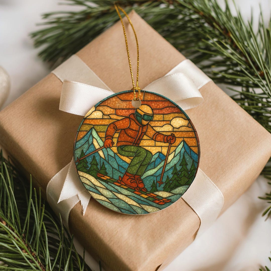 Skiing Stained Glass Effect Ornament, Ski Resort Christmas Ornament ...