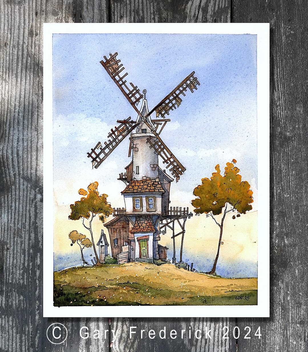 Original Watercolour and Ink - Gary Frederick Whimsical Windmill. 6.5 ...