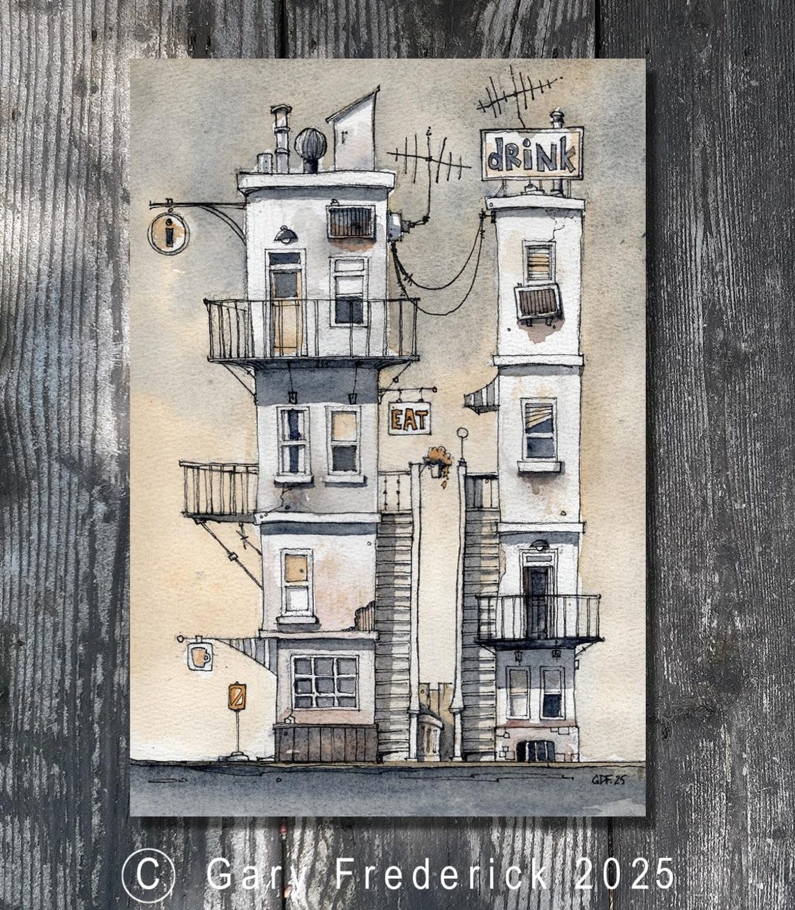 Watercolour and Ink Print - Gary Frederick Whimsical Urban Setting. 8 ...
