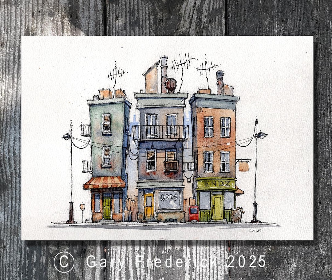 Original Watercolour and Ink - Gary Frederick Whimsical Urban Scene. 7 ...