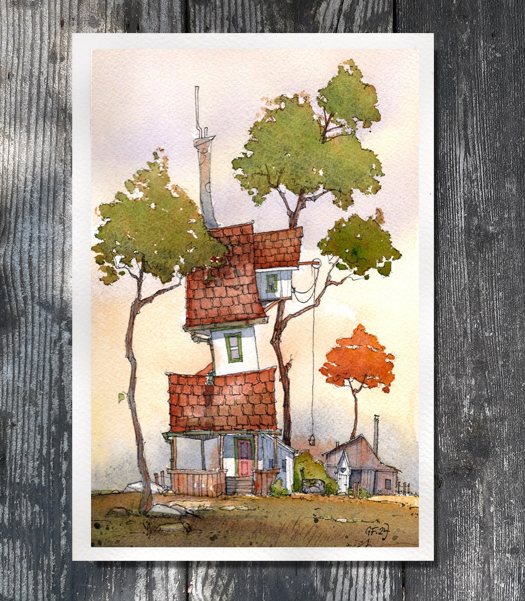 Original Whimsical Watercolor and Ink Painting. Line and Wash. 6x9 ...