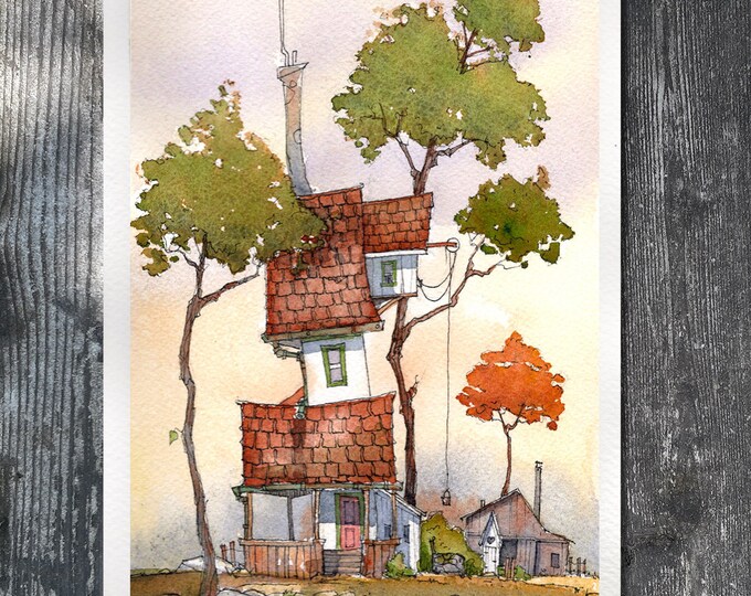 Original Whimsical Watercolor and Ink Painting. Line and Wash. 6"x9 ...