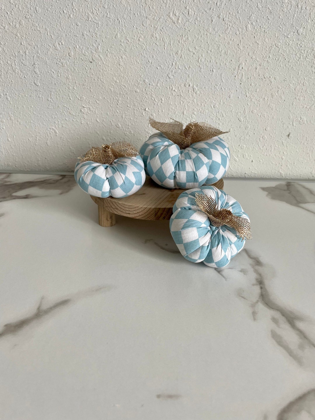 Blue Checkered Pumpkins Decor, Set of 3 Fabric Pumpkins, Modern Mini ...