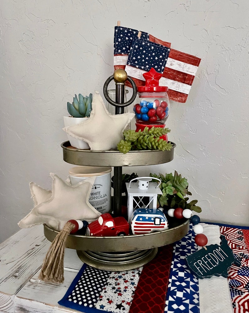 3 Small Flags, USA Fabric Flag Set, Patriotic Tiered Tray, Plant Pokes ...