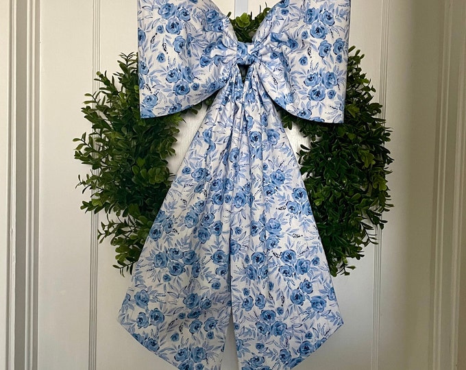 Blue Cottagecore Bow, Large Fabric Bow, Blue Flowers Wall Decoration ...