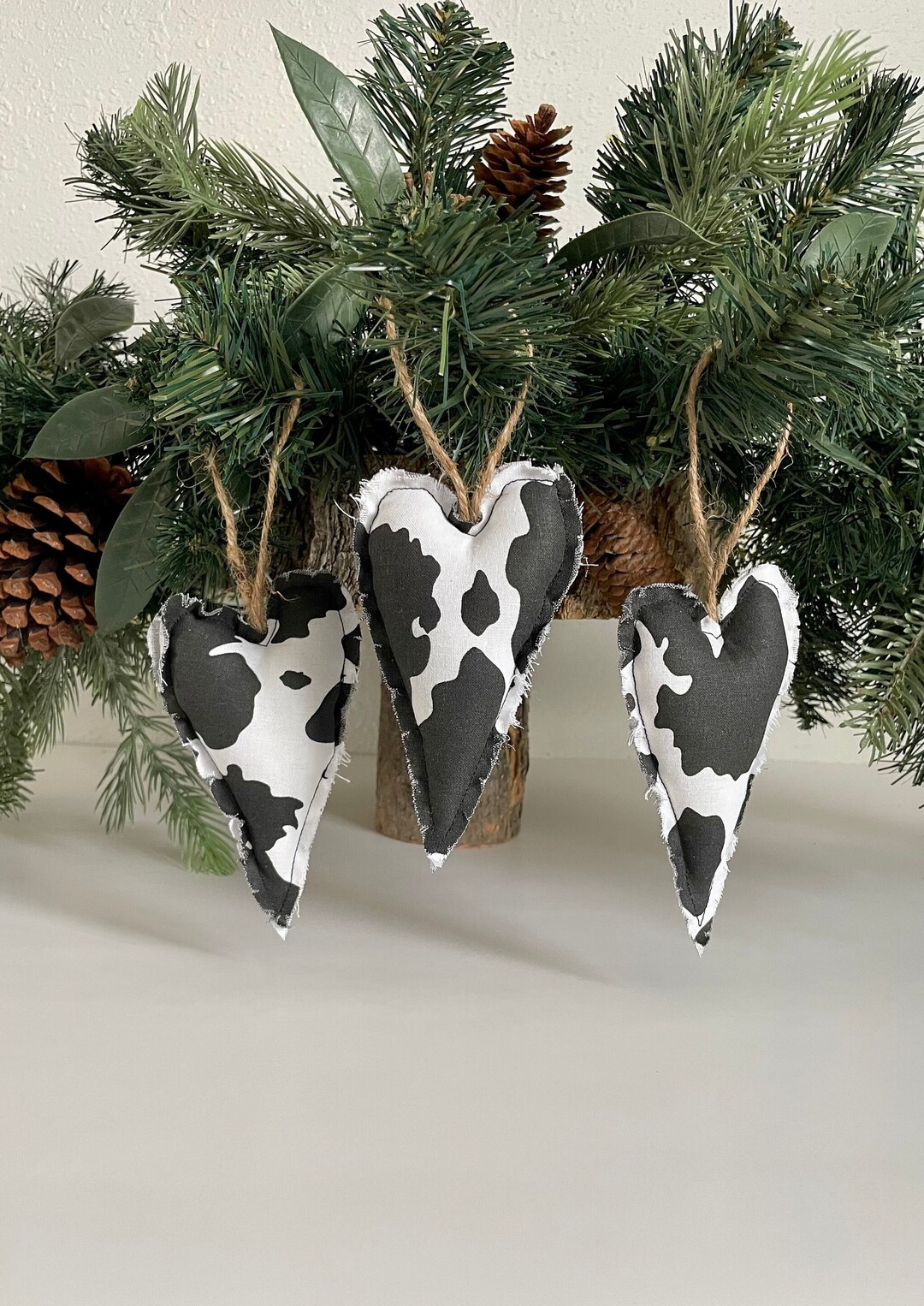 Cow Print Christmas Ornaments, Set of 3 Cow Hearts, Black and White ...