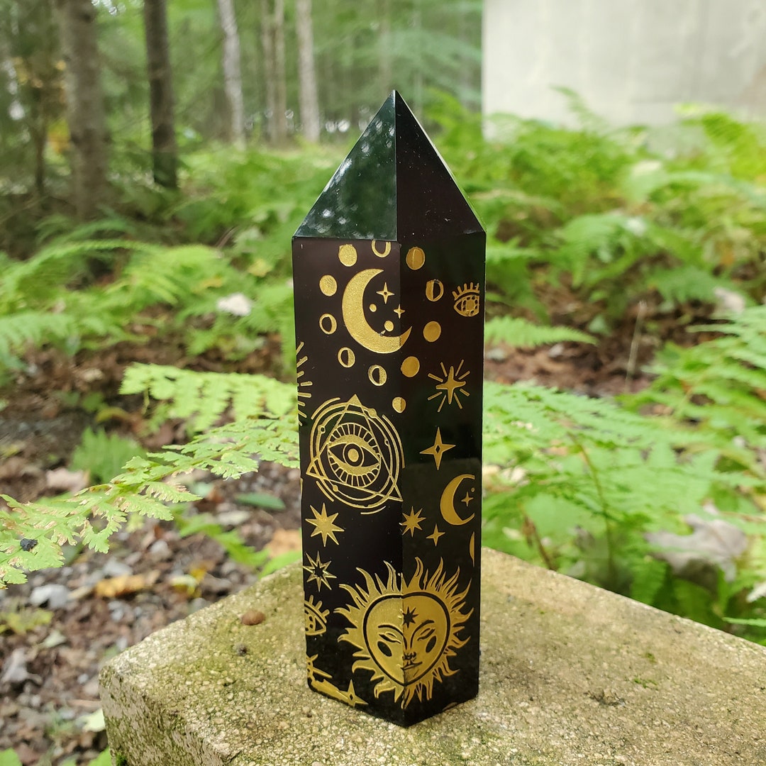 Black Obsidian Tower Etched Obsidan Celestial Stars Wiccan Theme Towers ...