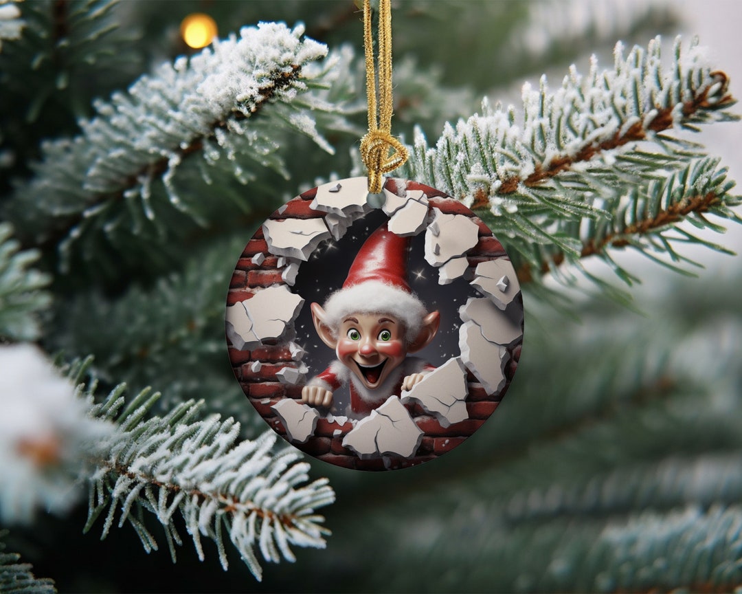 3D Elf Ornament | Funny Elf Breaking Through A Wall Cool Christmas ...
