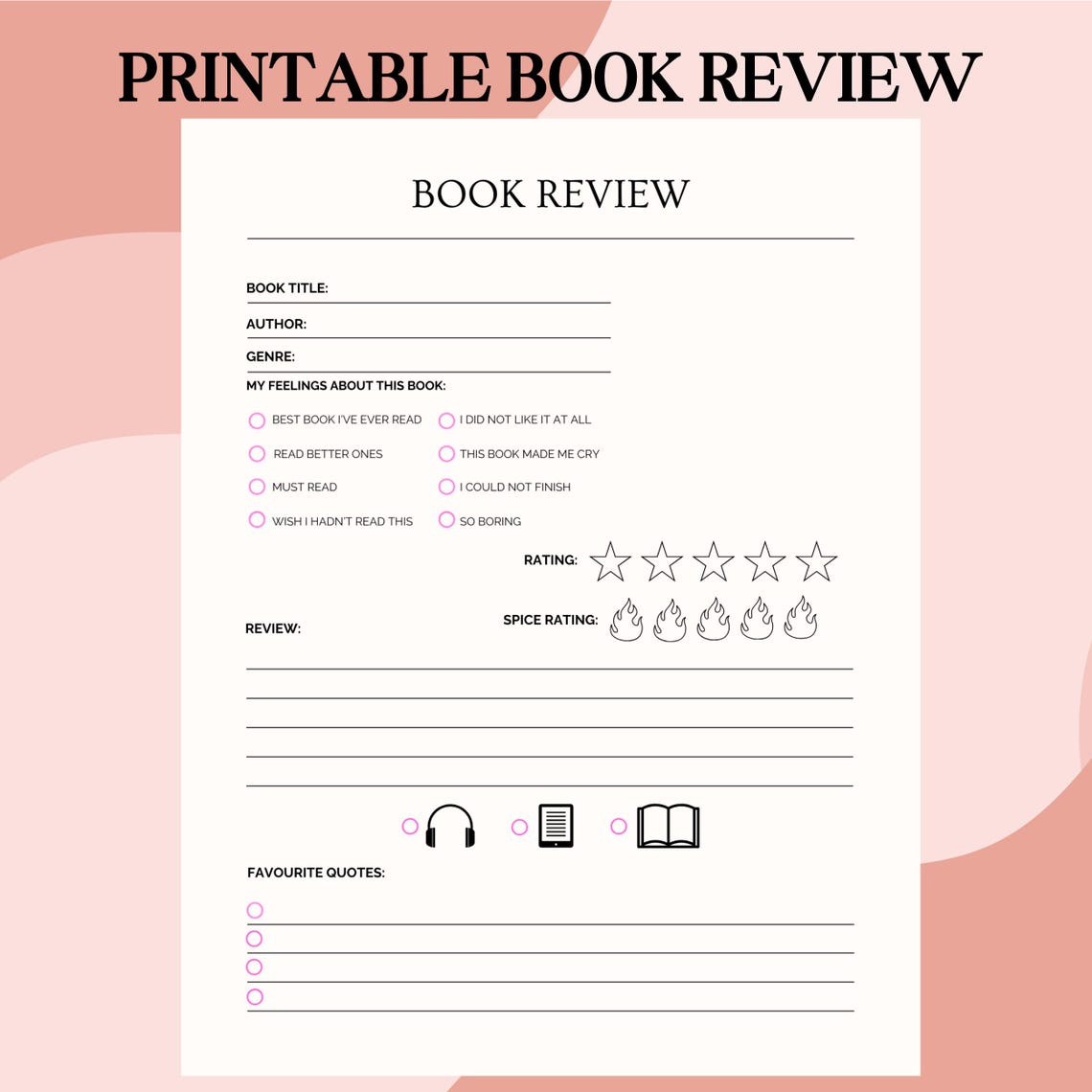 Book Review Template Bundle: Reading Journal Inserts (digital Download ...