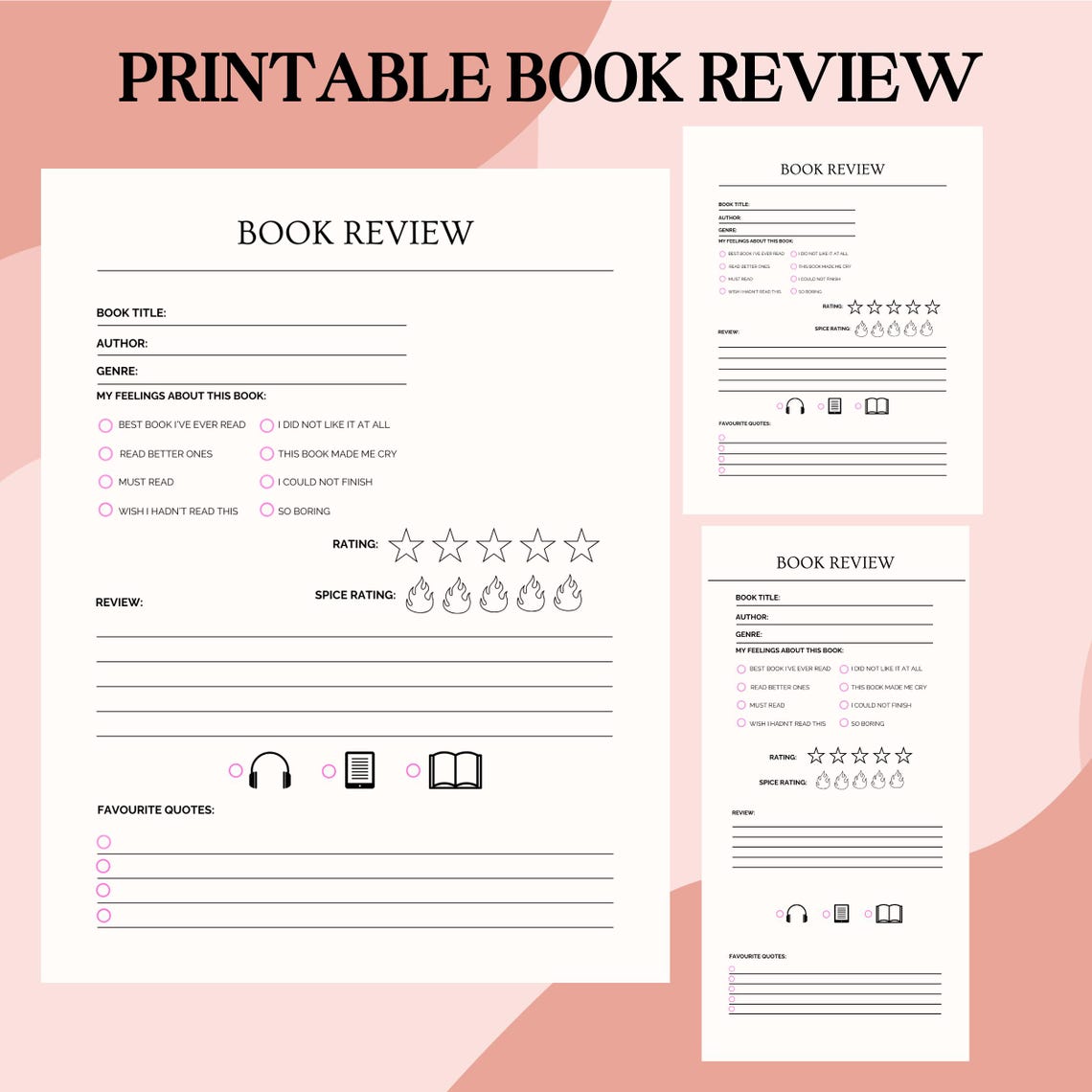 Book Review Template Bundle: Reading Journal Inserts (digital Download ...