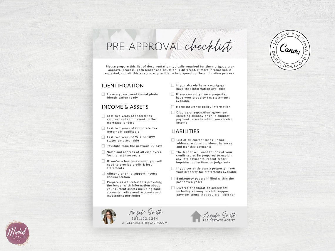 Pre Approval Checklist Mortgage Checklist Real Estate Agent - Etsy