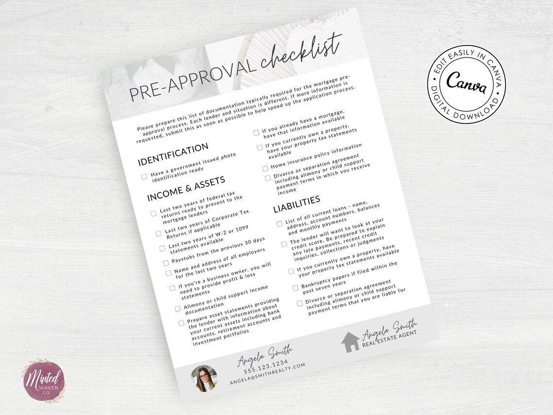 Pre Approval Checklist Mortgage Checklist Real Estate Agent - Etsy