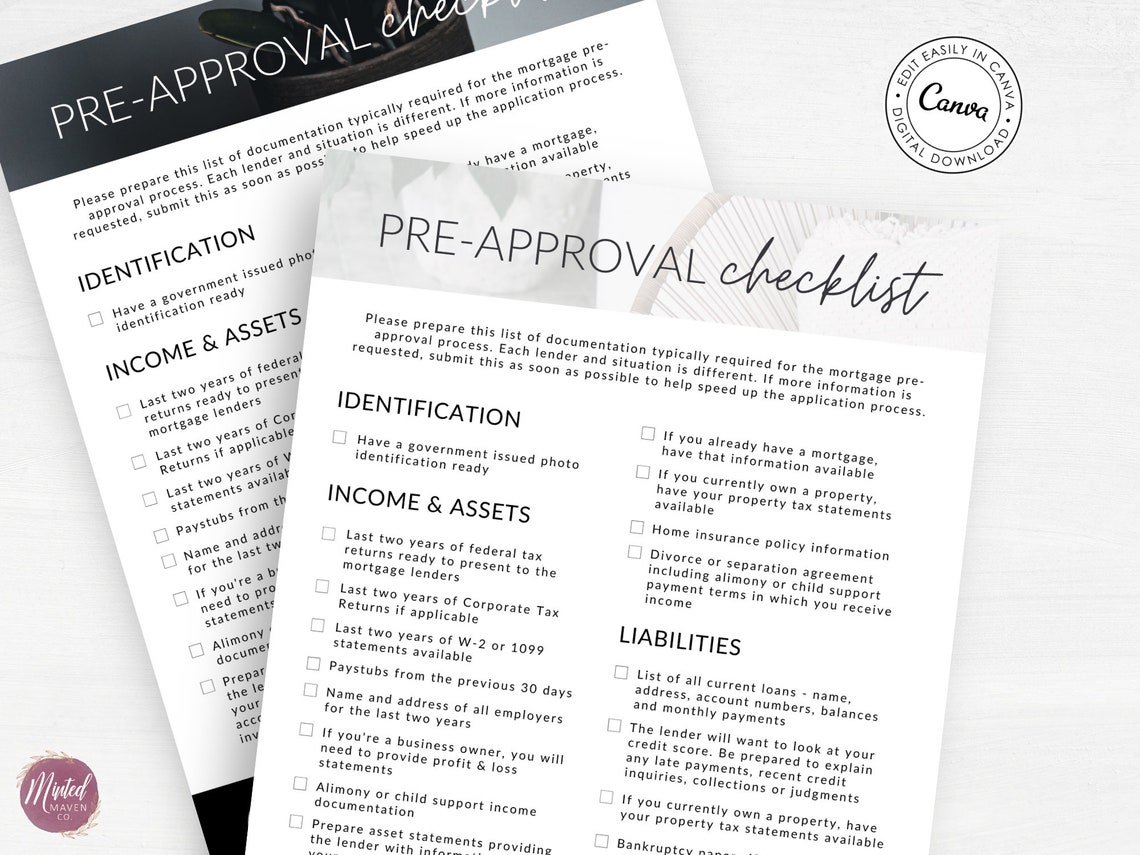 Pre Approval Checklist Mortgage Checklist Real Estate Agent - Etsy