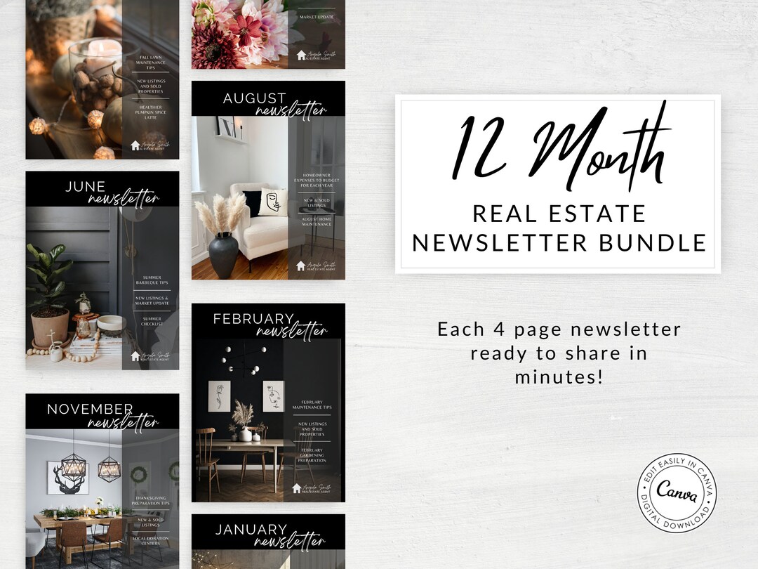 REAL ESTATE NEWSLETTER Template Bundle, 12 Month Real Estate Newsletter ...