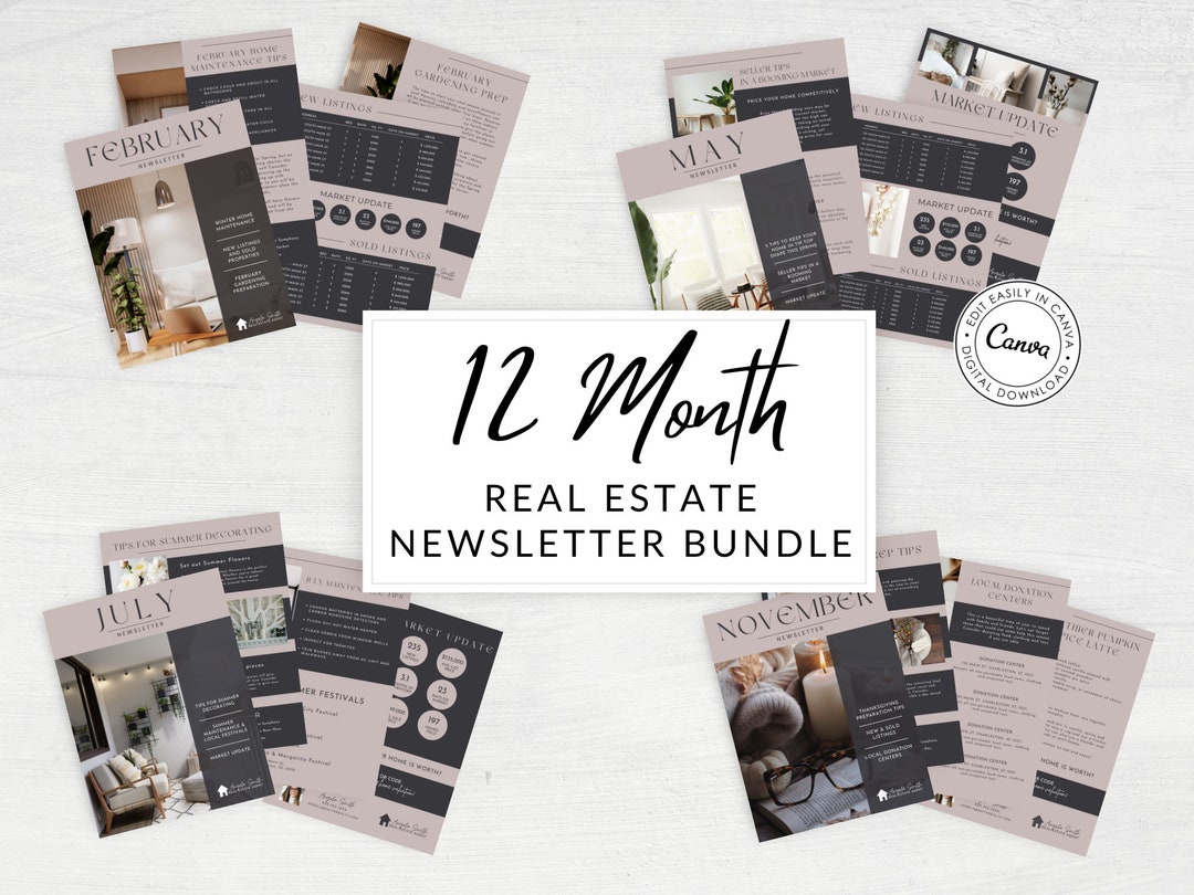 Real Estate Newsletter Template Bundle: 12 Month Pink Design (digital ...