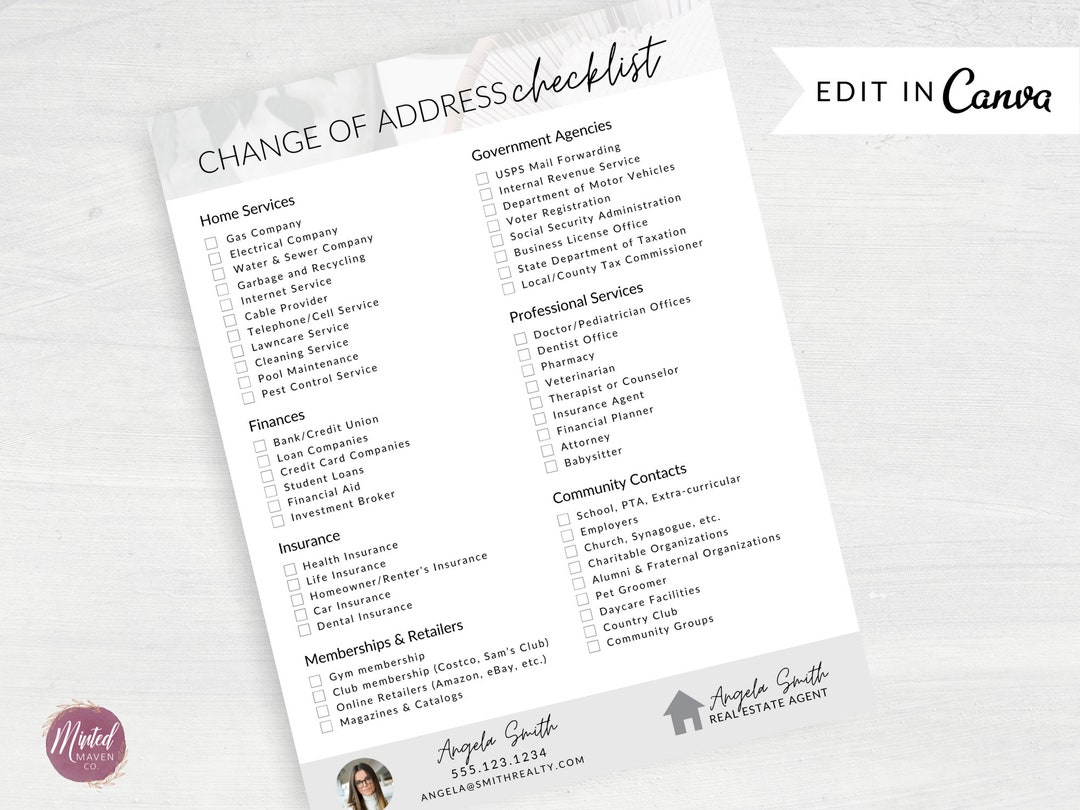Real Estate Change of Address Checklist Template: Realtor Marketing ...