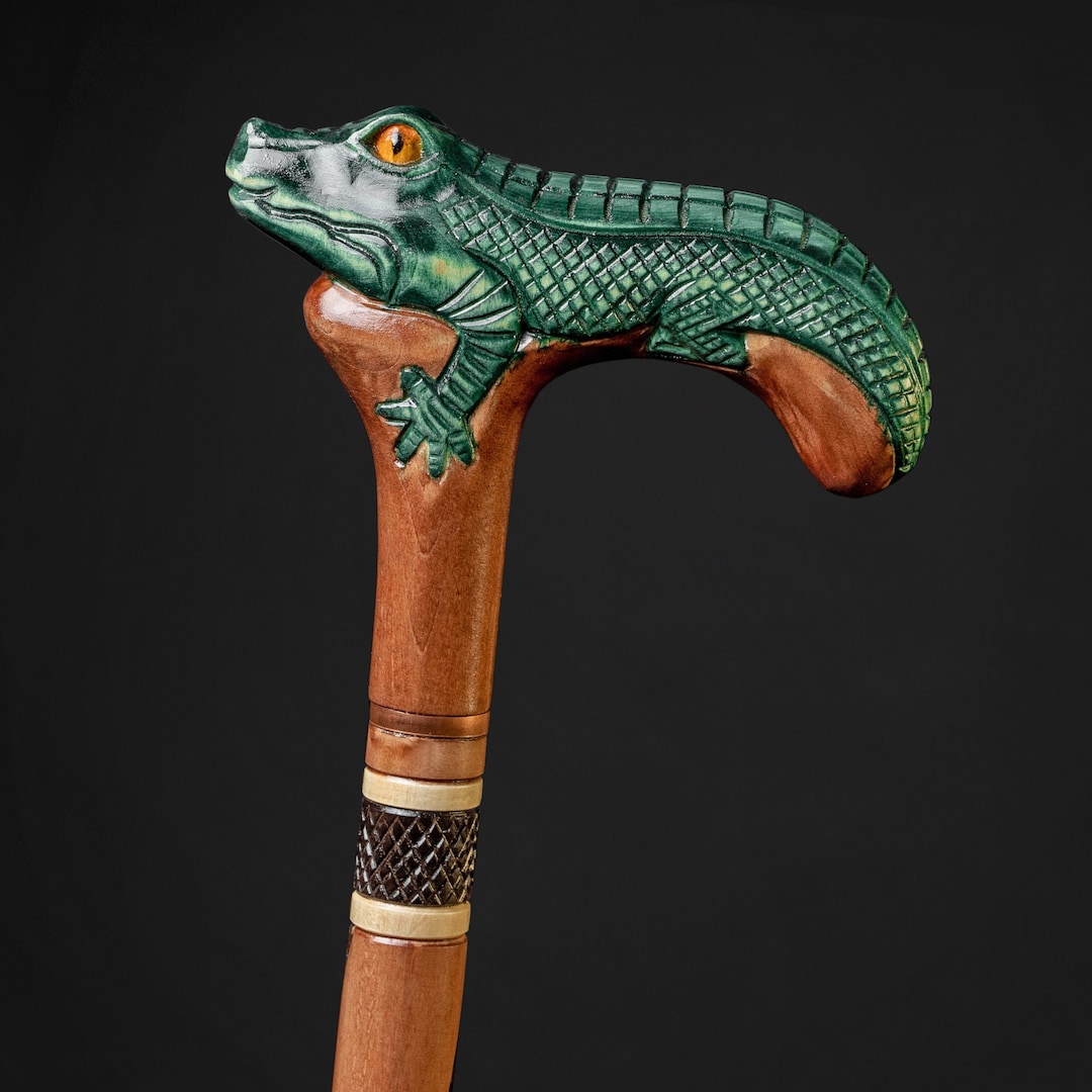 Walking Cane for Men's Fancy Handle Alligator Crocodile Wooden Walking ...