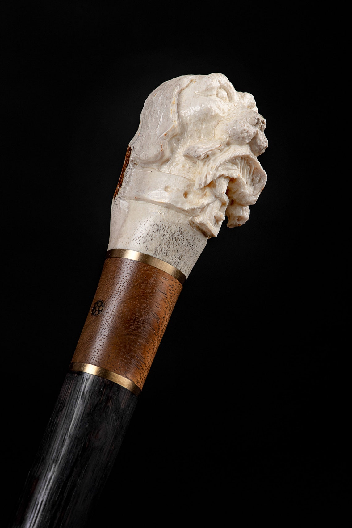 Walking Cane Bone Dog Hand Carved Bone Cane Knob, Signed by Artist ...