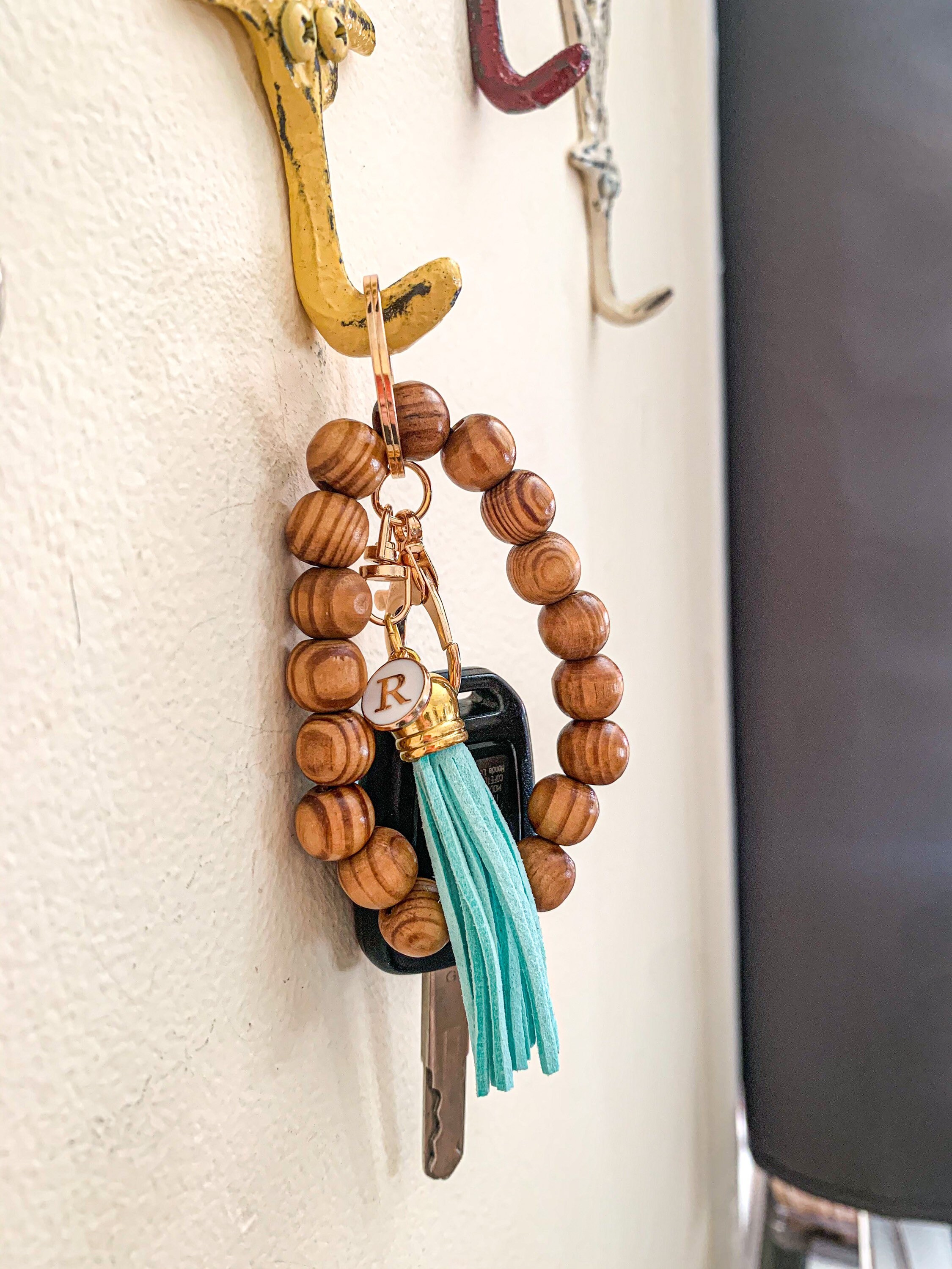 Wood Bead Keychain Wooden Bangle Key Chain Large Bead | Etsy