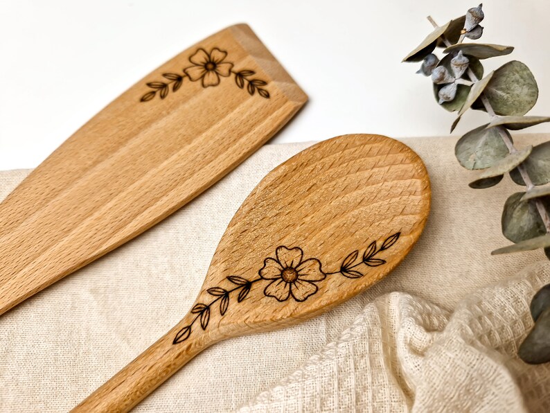 Floral Wooden Spoon Spatula Hand-burned Pyrography Natural Kitchen ...