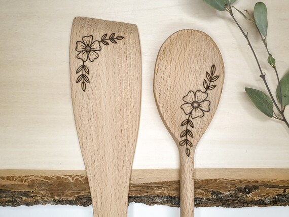Floral Wooden Spoon Spatula Hand-burned Pyrography Natural - Etsy UK