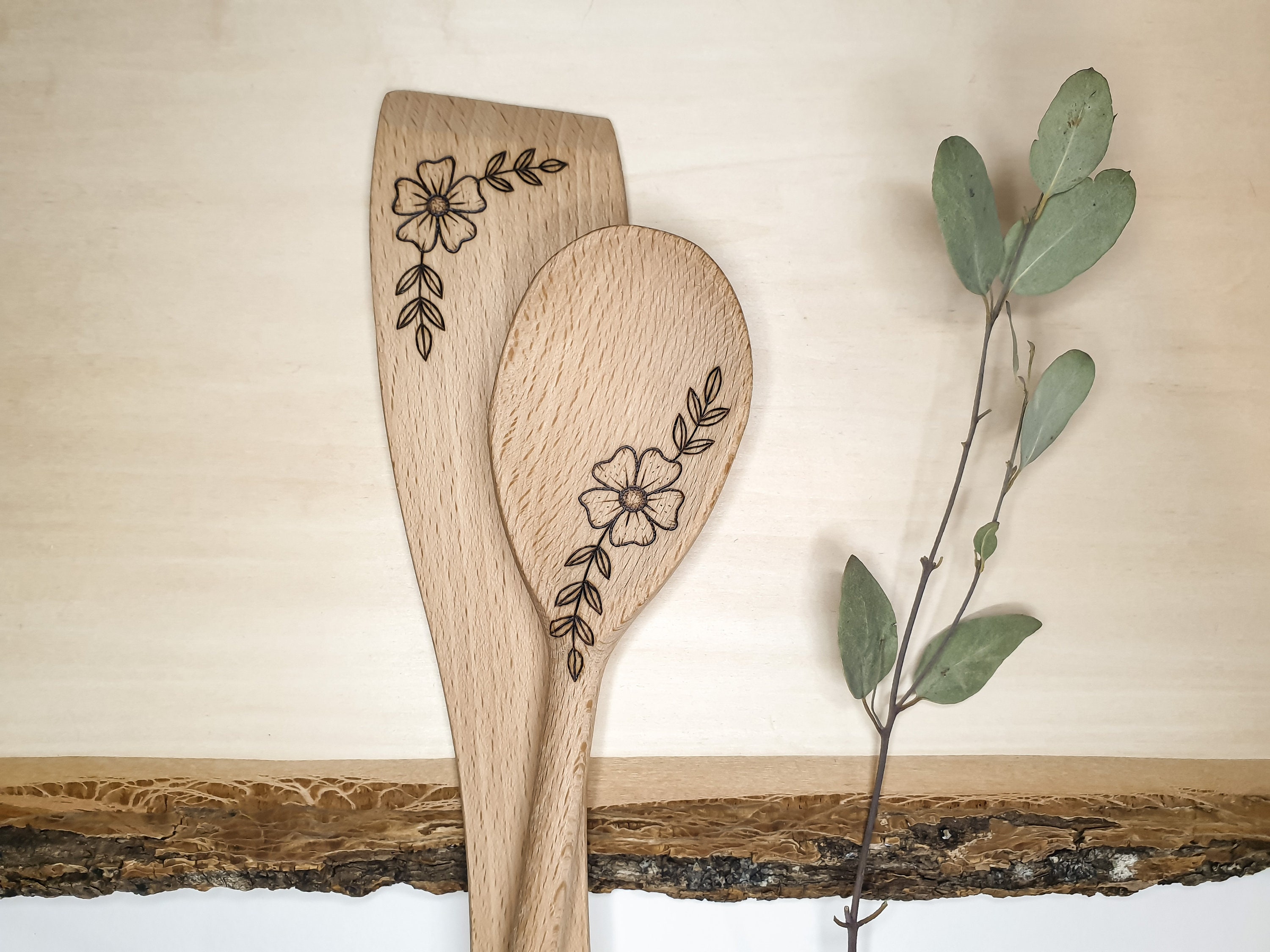 Floral Wooden Spoon Spatula Hand-burned Pyrography Natural - Etsy UK