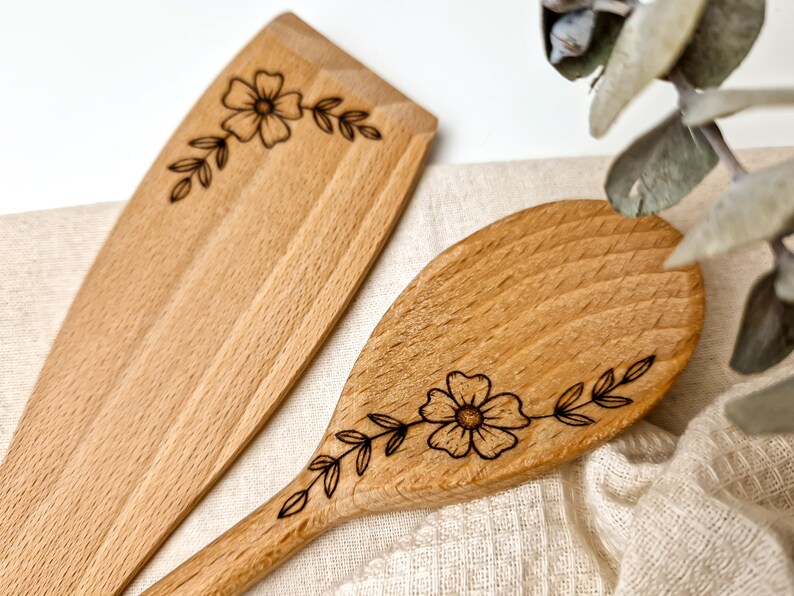 Floral Wooden Spoon Spatula Hand-burned Pyrography Natural Kitchen ...