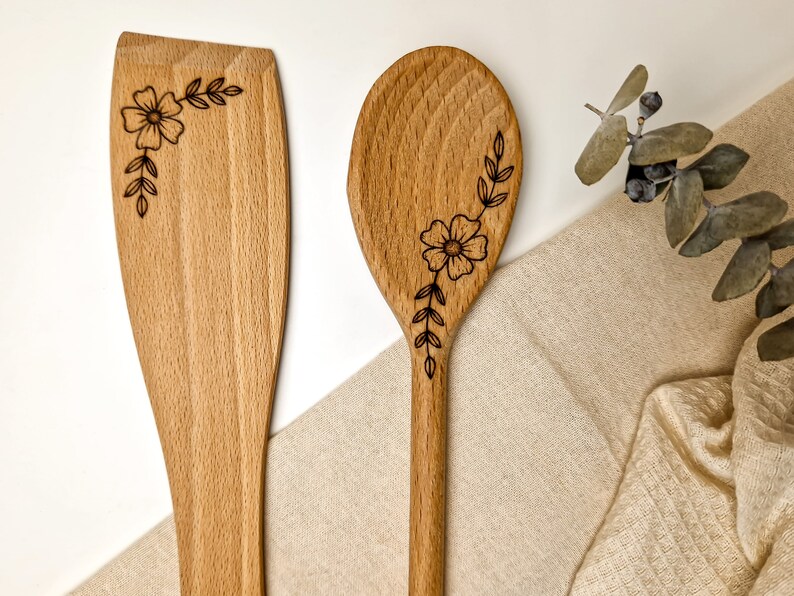 Floral Wooden Spoon Spatula Hand-burned Pyrography Natural Kitchen ...
