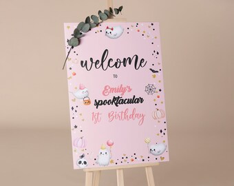 Editable Pink Halloween Ghost Birthday Welcome Sign Spooktacular ...