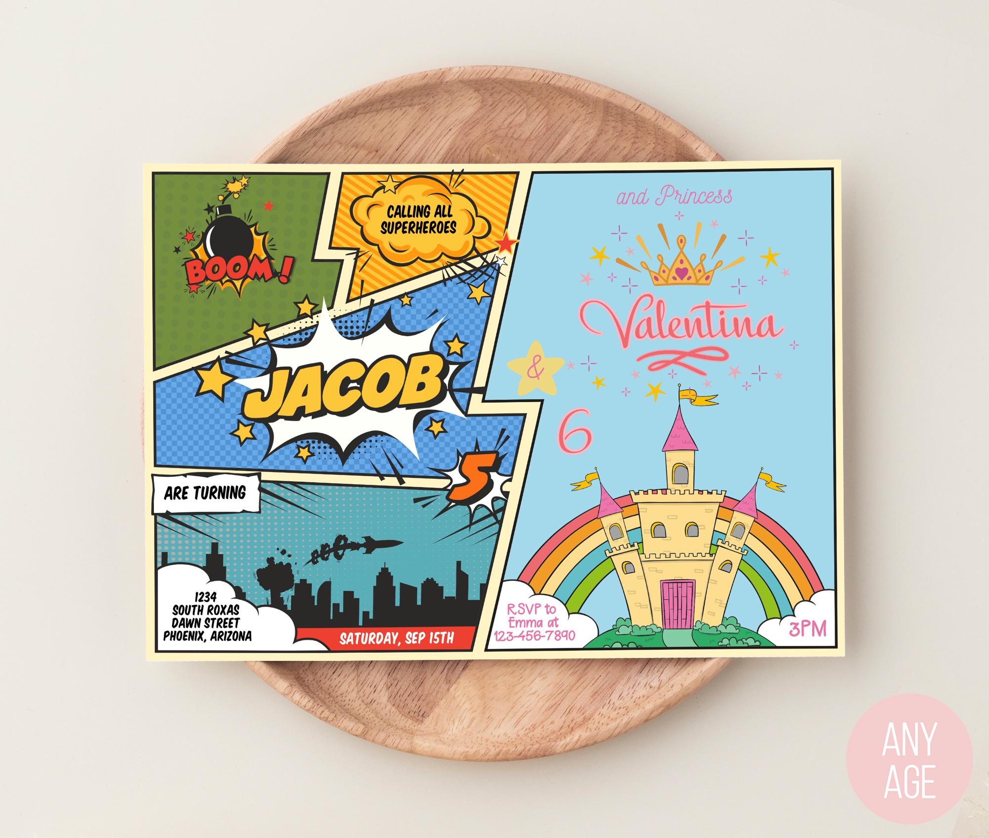 Superhero and Princess Birthday Invitation for Brothers, Princess ...