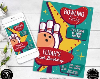 Retro Bowling Birthday Invitation, Strike up Some Fun, Canva Template ...
