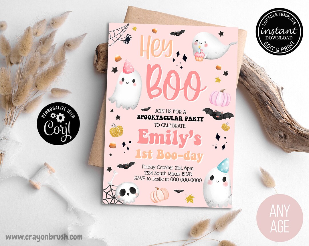 Editable Halloween Pink Ghost Birthday Invitation Hey Boo - Etsy