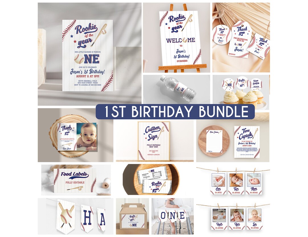 Rookie of the Year First Birthday Party Bundle, Editable Baseball 1st ...