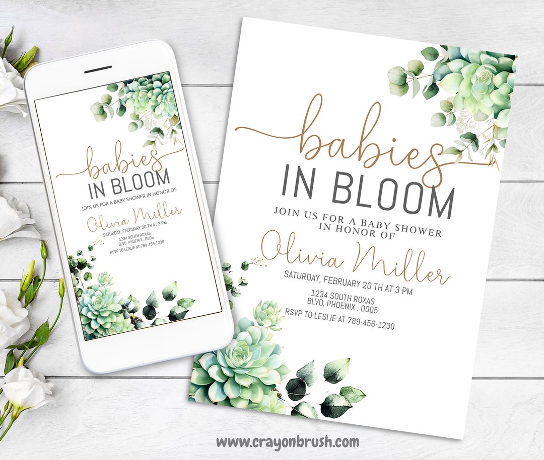 Editable Baby in Bloom Invitation Template, Editable Succulent Baby ...