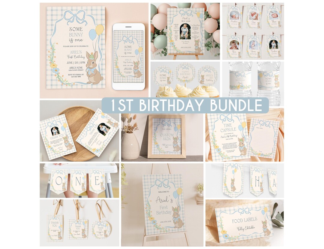 Some Bunny is One Birthday Bundle, Rabbit First Birthday Invitation ...