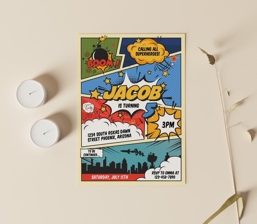 Superhero Invitation, Comic Birthday Party Invitation, Editable ...